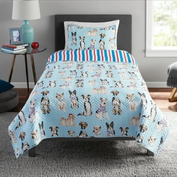 Mainstays | Bedding | Mainstays Blue Dogs Stripe Reversible Quilt Set ...